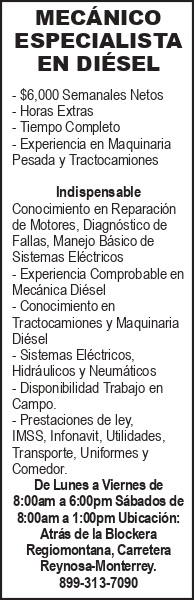 *MECANICO ESPECIALISTA EN - El Mañana de Reynosa Avisos Clasificados